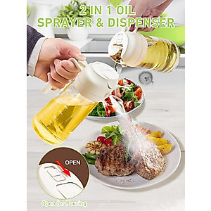 2 in 1 Oil Dispenser And Oil Sprayer for Kitchen, 2 in 1 Oil Sprayer Came With Some Stickers With Various Oil Labels, 420ml/14oz Oil Sprayer Perfect for Cooking, Air Fryer, BBQ, Baking, Salad - White