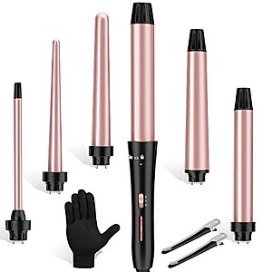 Curling Iron Set, USHOW 6 in 1 Curling Wand Set Hair Iron Kit Instant Heat Up Hair Curler with 6 Interchangeable Tourmaline Ceramic Barrels (0.35'' to 1.25'') Temperature Adjustments, with Gloves