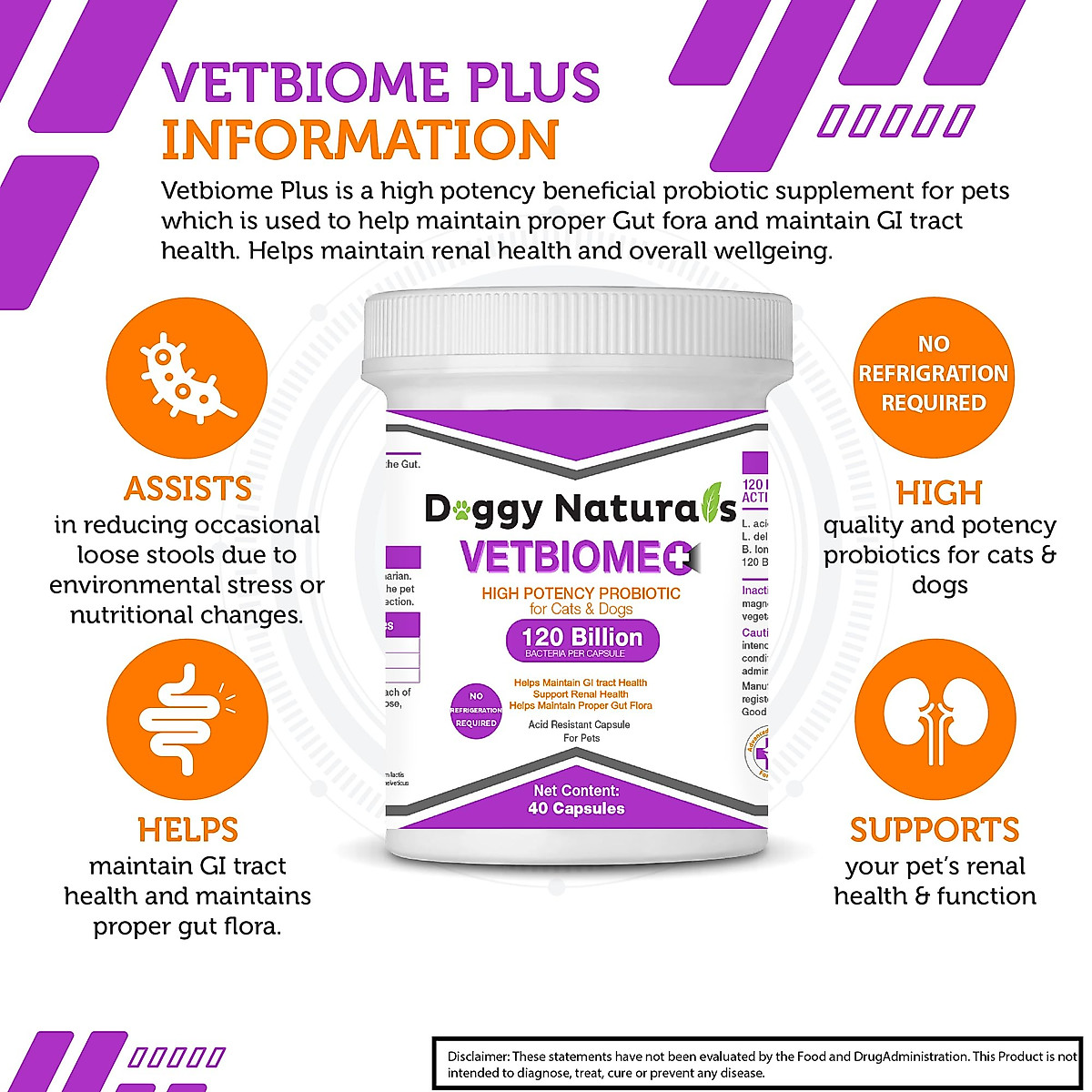 Vetbiome + High Potency Probiotics for Pets (40 Capsules) Made in U.S.A - NO Refrigeration Required !! (40 Caps (1 Pack))