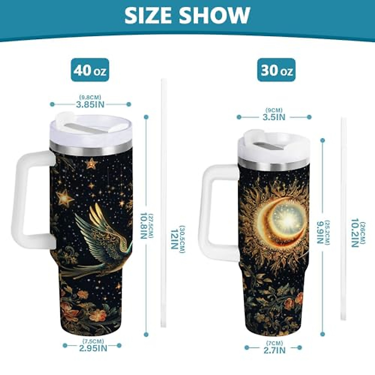 Slewiaeky Tumbler with Handle 40 oz Multicolor Sun Golden Bird Travel Mug with Lid and Straw Stainless Steel Vacuum Insulated Water Bottle Cup for Iced Tea Coffee Cold Beverages Cup Holder Friendly