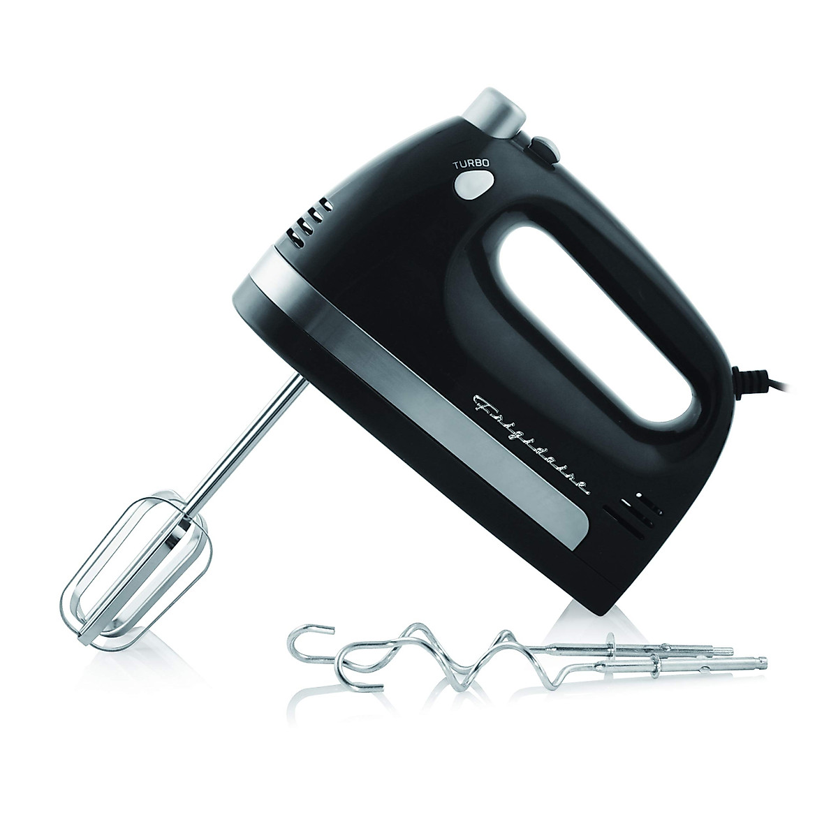 FRIGIDAIRE EHMX100-BLACK Hand Mixer Whisk with Chrome Beater, Dough Hook, 5 Speed and Turbo Button 250 w, 250w, Black