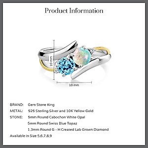 925 Sterling Silver and 10K Yellow Gold Round Cabochon White Simulated Opal Swiss Blue Topaz and Lab Grown Diamond Women Ring (1.17 Cttw, Gemstone Birthstone, Available In Size 5, 6, 7, 8, 9)