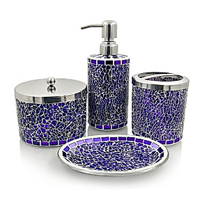 LushAccents Bathroom Accessory Set, 4-Piece Decorative Glass Bathroom Accessories Set, Soap Dispenser, Soap Tray, Jar, Toothbrush Holder, Elegant Seafoam Green Mosaic Glass