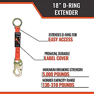 Malta Dynamics 18” D-Ring Extender with Snap Hook for Fall Protection and Roofing, OSHA/ANSI Compliant (1)