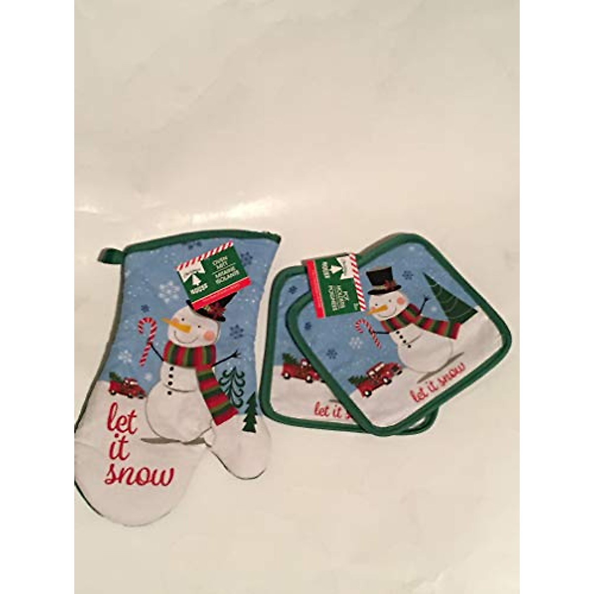 3 Piece Set - Christmas Holiday Kitchen Oven Mitt & One Set of 2 Pot Holders (Snow Man)