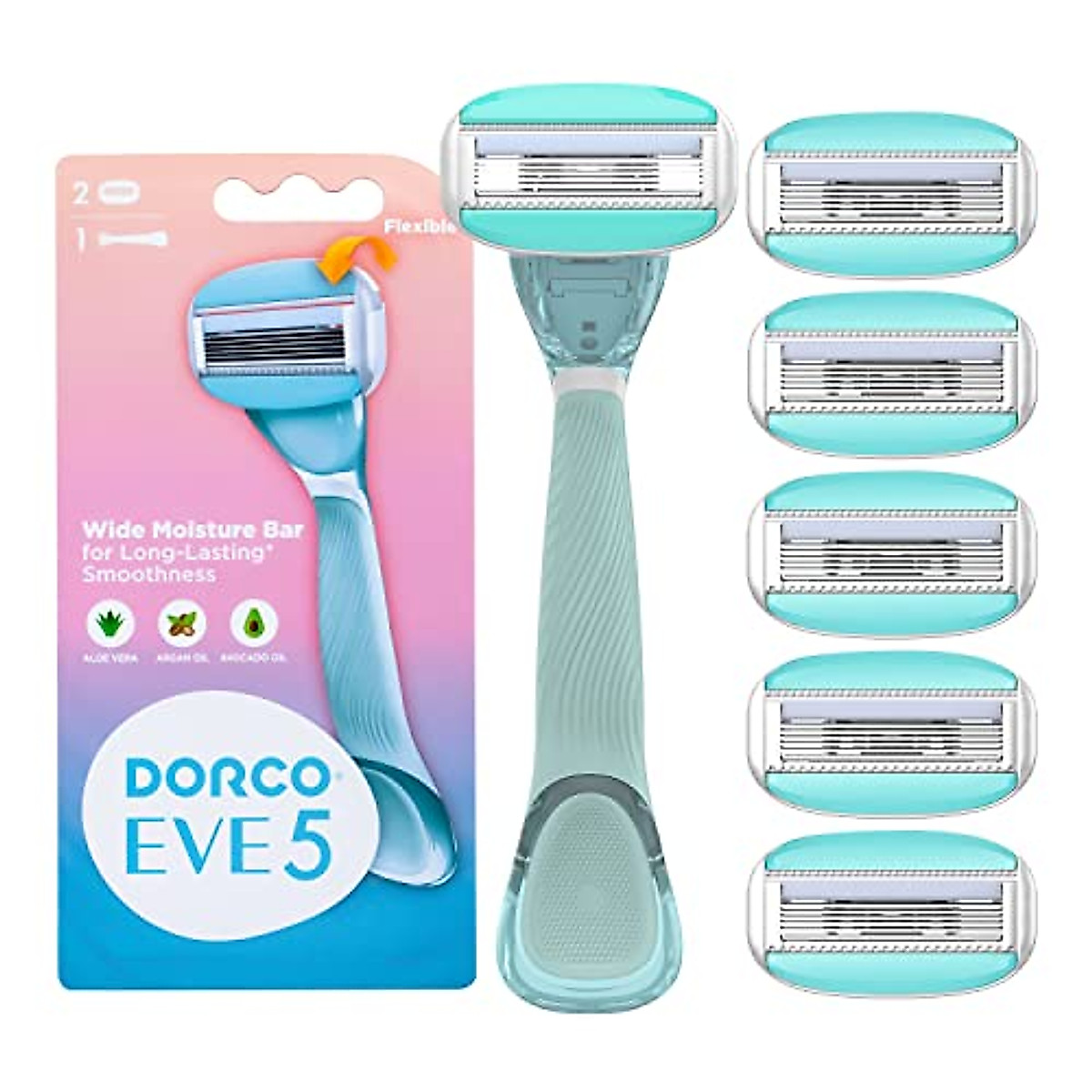 Dorco EVE 5 Razors for Women for Extra Smooth Shaving (1 Razor Handle, 6 Pcs Razor Blade Refills), 5 Curved Blades with Flexible Moisture Bar, Womens Razors for Shaving with Aloe Vera Moisture Bar, Interchangeable Cartridge for Sensitive Skin, Stocking St