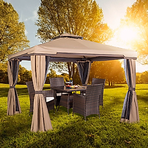 SUNCROWN 10 x 10 FT Outdoor Gazebo for Patio Iron Frame Garden Permanent Gazebo with Vented Soft Canopy and Mosquito Netting, Brown
