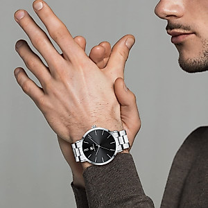 GOLDEN HOUR Men's Watches Slim Minimalist Runway Silver Stainless Steel Quartz Analog Watch with Black Face