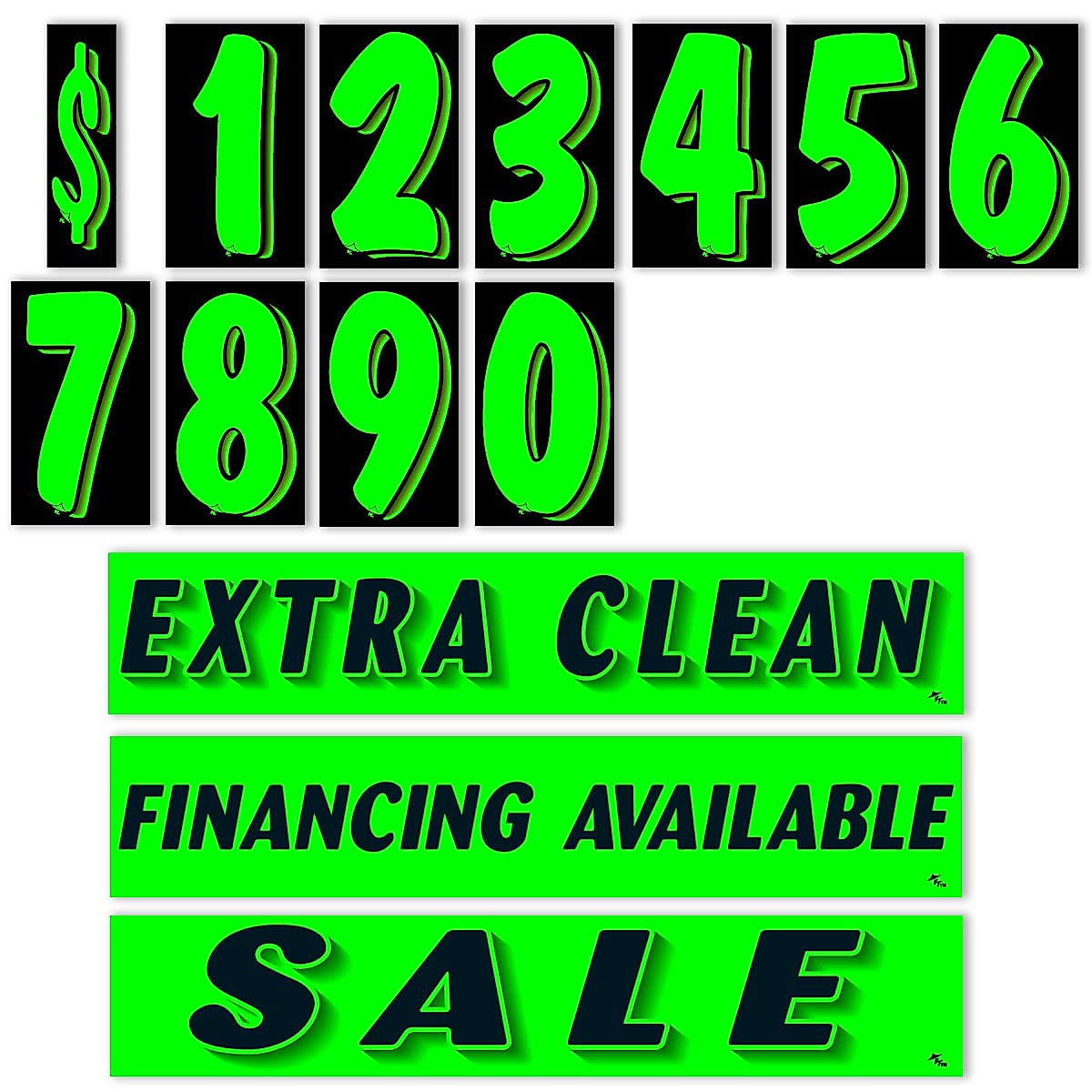 VERSA-TAGS 7.5" Black/Green Vinyl Number Decals 11 Dozen Set Windshield Pricing & 1 Pack of Each of Extra Clean, Financing Available, Sale 14.5" x 2.75" Sticker Windshield Decal Auto Dealership
