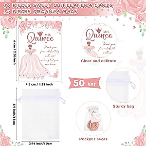 Wenqik 50 Sets Quinceanera Party Favors for Guests 50 Rose Design Compact Pocket Mirrors 50 Quinceanera Cards Thank You Gift and Organza Bags Sweet 15 Mis Quince Birthday Sweet Party Favor(Pink)