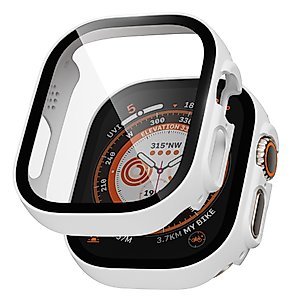 TSOGIA 2 Pack Hard PC Case for Apple Watch Ultra/Ultra 2 Screen Protector 49mm, with 9H Tempered Glass Screen Protector, Full Protective Cover for iWatch Ultra Accessories 49mm,White