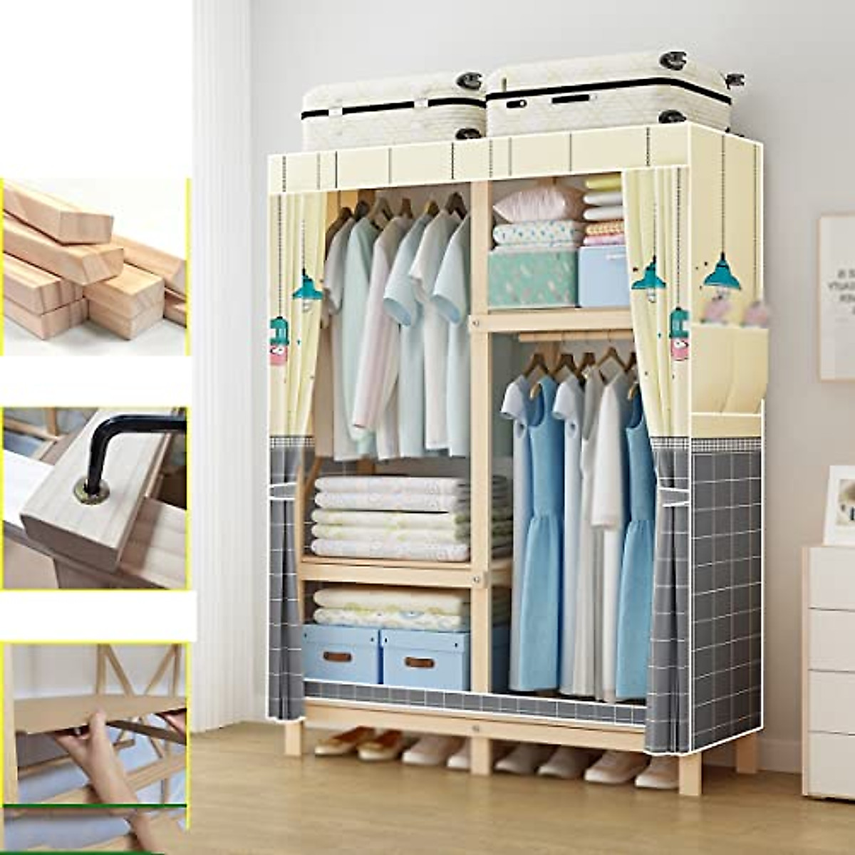 Walnut Folding Wardrobe with Wood Frame, Storage Closet, Portable Wardrobe Organizer Shelf, Bedroom Standing Cabinet