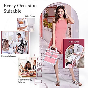 Frenessa Makeup Box Makeup Train Case Cosmetic Storage Organzier Nail Polish Box for Makeup Artist, Nail Tech Student, Craft Cosmetology Case with Mirror Drawer and Dividers Manicure Organizer Travel