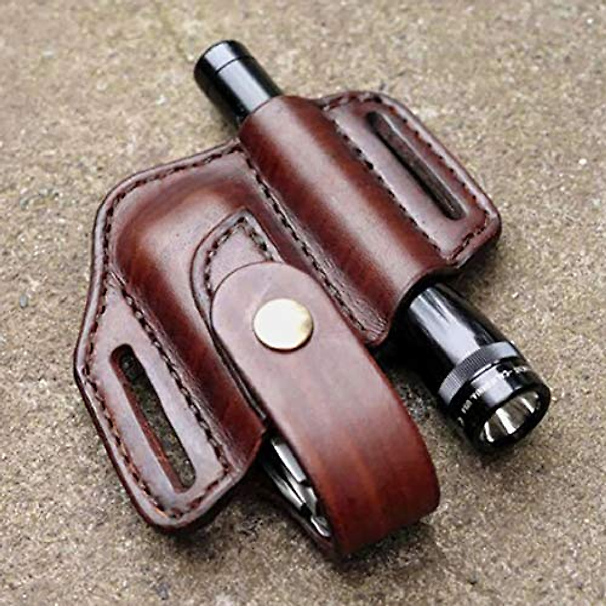 Timpfee Knife Belt Sheath,Leather Sheath, Knife Leatherman Holster with Pen Holder, Key Fob Organizer Sheath for Belt and Flashlight Sheath Multitool Pouch Tactical Pens Tools Black