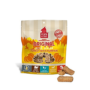 PLATO Turkey Real Strips Natural Dog Treats - Real Meat - Air Dried - Made in the USA - Turkey & Pumpkin, 3 ounces