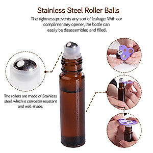 PrettyCare Essential Oil Roller Bottles (10ml Amber Glass, 12 Pack) With 2 Extra Roller Balls, 24 Labels, Opener, 2 Funnels