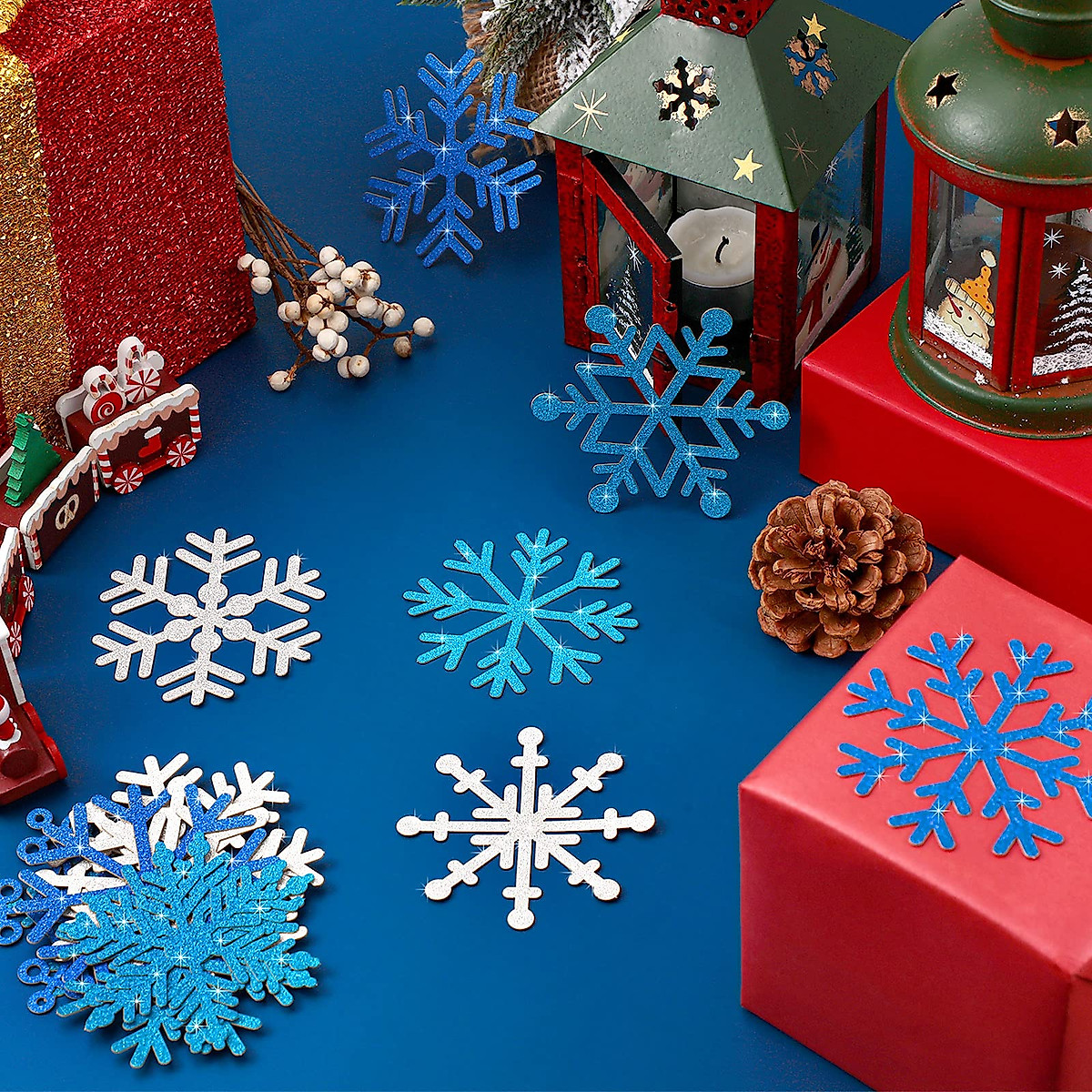 60 Pieces Snowflakes Cutouts Glitter Blue Silver Snowflake Cutouts Glitter Snowflake Cutouts Snowflakes Board Cutouts with Glue Point Dots for Christmas Winter Theme Party Decoration