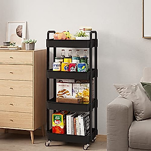 Buzowruil 4-Tier Utility Rolling Plastic Storage Cart Trolley with Lockable Wheels,Multifunctional Storage Shelves for Kitchen Living Room Office,Black
