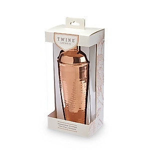 Twine Hammered Copper Cocktail Shaker, Stainless Steel Cobbler Shaker With Strainer, Copper Plated, 25 Ounces, Set of 1