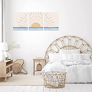Boho Wall Art Set of 3, Neutral Geometric Sun Rising on the Sea Minimalist Art Framed Canvas Prints Artwork, Mid Century Modern Boho Sun Wall Art Decor for Bathroom, Bedroom, Living Room, Office