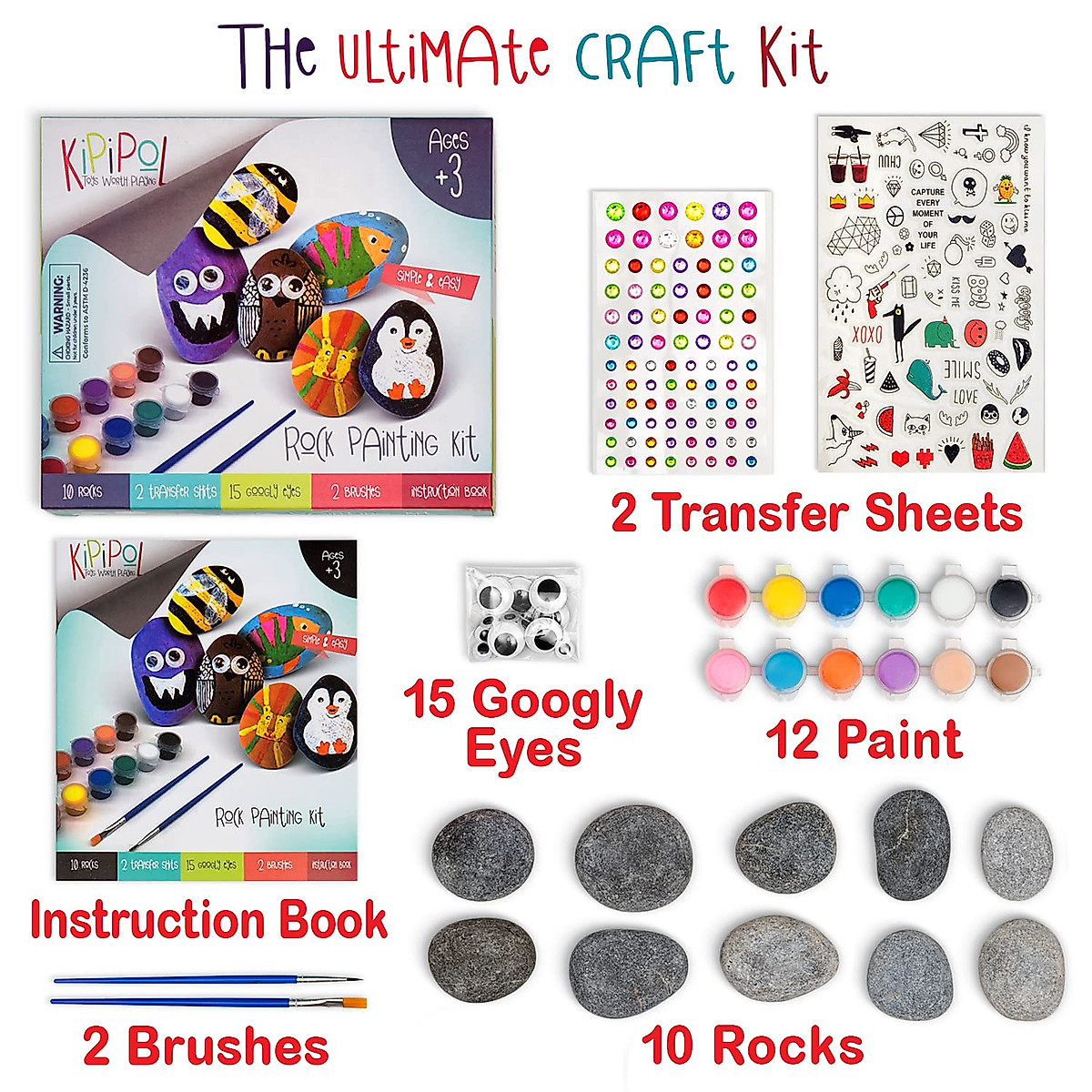 Kipipol Rock Painting Kit for Kids - DIY Arts and Crafts kit for Girls, Boys Ages 3, 4, 5, 6-12 - Kid Rock Art w/10 Rocks for Painting, 12 Acrylic Paints, 2 Brushes, 15 Googly Eyes, 2 Transfer Sheets