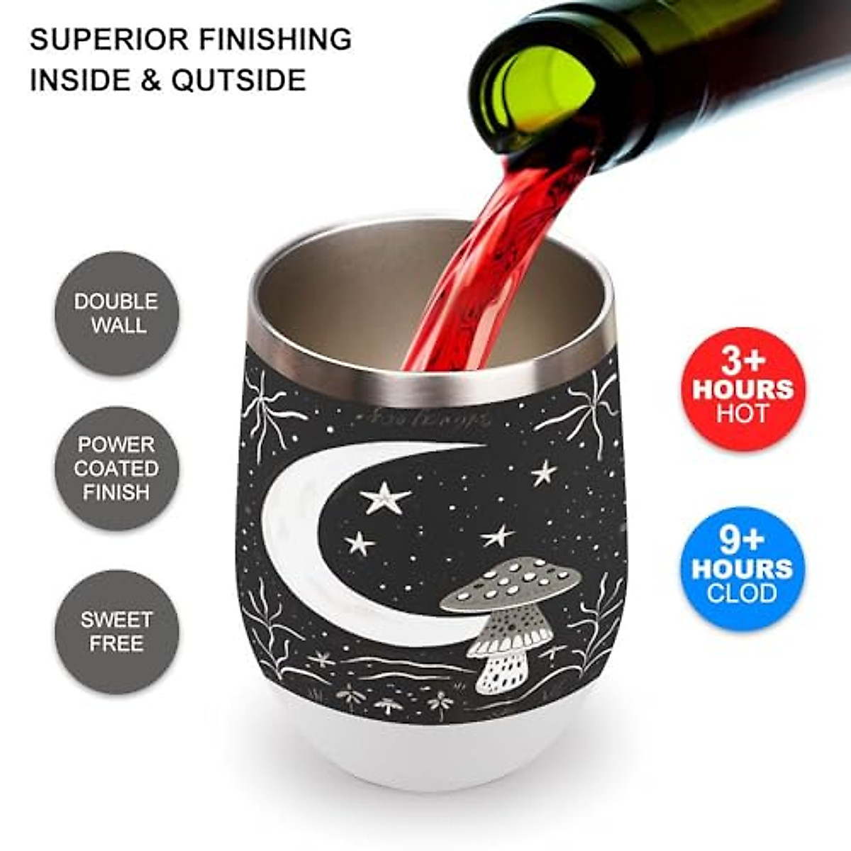 OPTKSNCU 304 Stainless Steel Insulated Cup with Lid, Moon Mushroom Print Durable, And Easy to Clean – Ideal for Home, Office, And Gift Giving