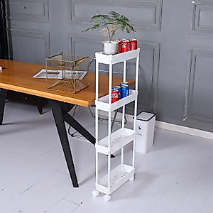 Sooyee 4 Tier Slim Storage Cart Mobile Shelving Unit Organizer Slide Out Storage Rolling Utility Cart Tower Rack for Kitchen Bathroom Laundry Narrow Places, Plastic & Stainless Steel,White