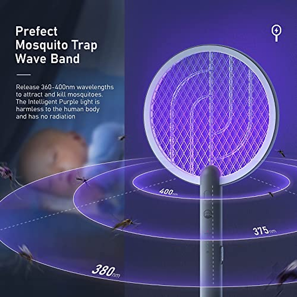 Electric Fly Swatter Racket, Mosiller 4000V 2 in 1 Bug Zapper with USB Rechargeable Base, Powerful Mosquitoes Trap Lamp & Fly Killer with 3 Layer Safety Mesh for Home, Bedroom, Kitchen, Patio (1 Pack)