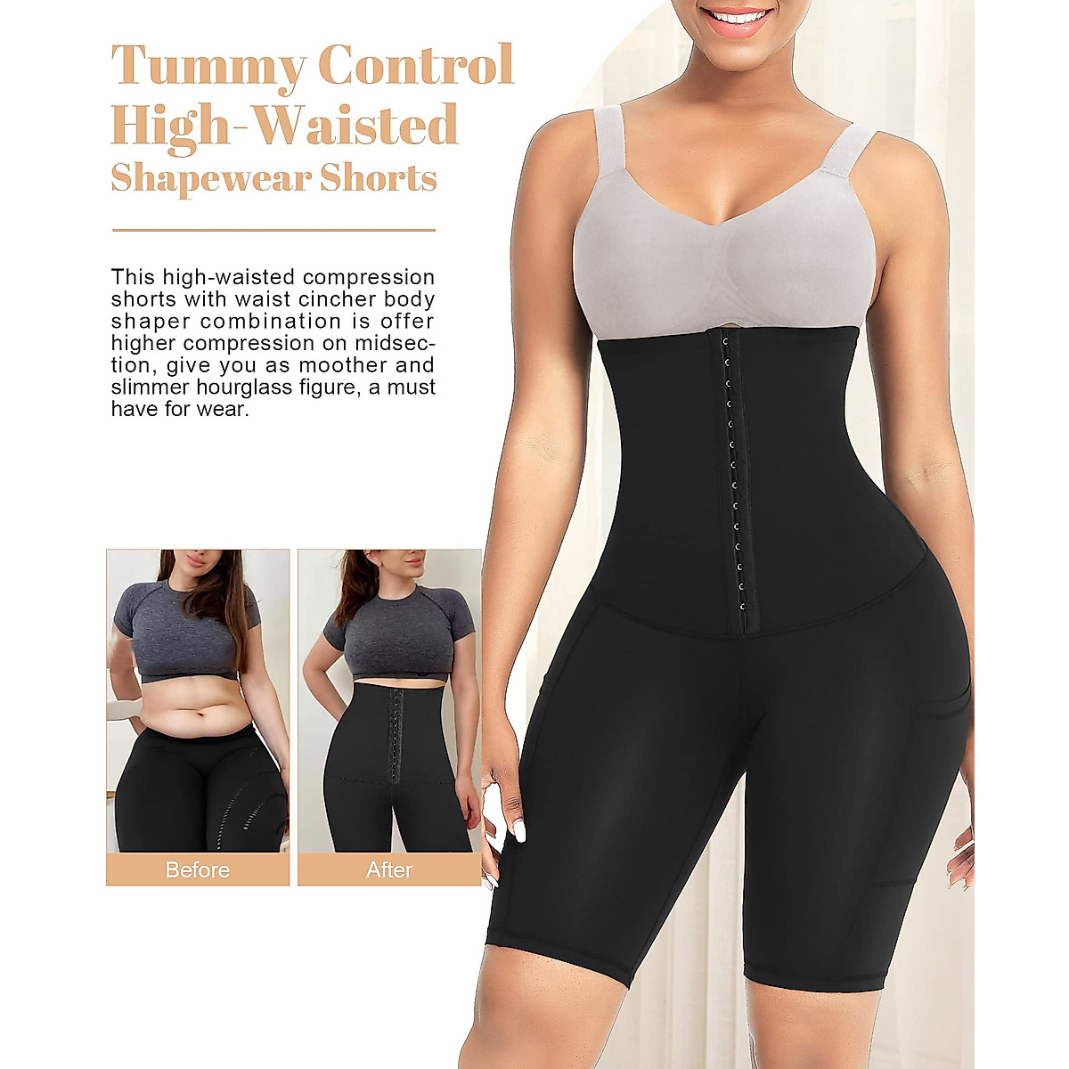 FeelinGirl Womens Tummy Control Waist Trainer High Waisted Shorts Corset Body Shaper Shapewear with Pockets Black