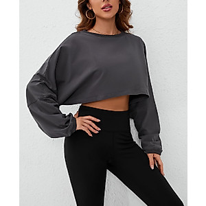 Meladyan Women Long Sleeve Crewneck Crop Top Tee Shirt Sweatshirt Casual Solid Loose Fit Workout Cropped Pullover Tshirt Dark Grey
