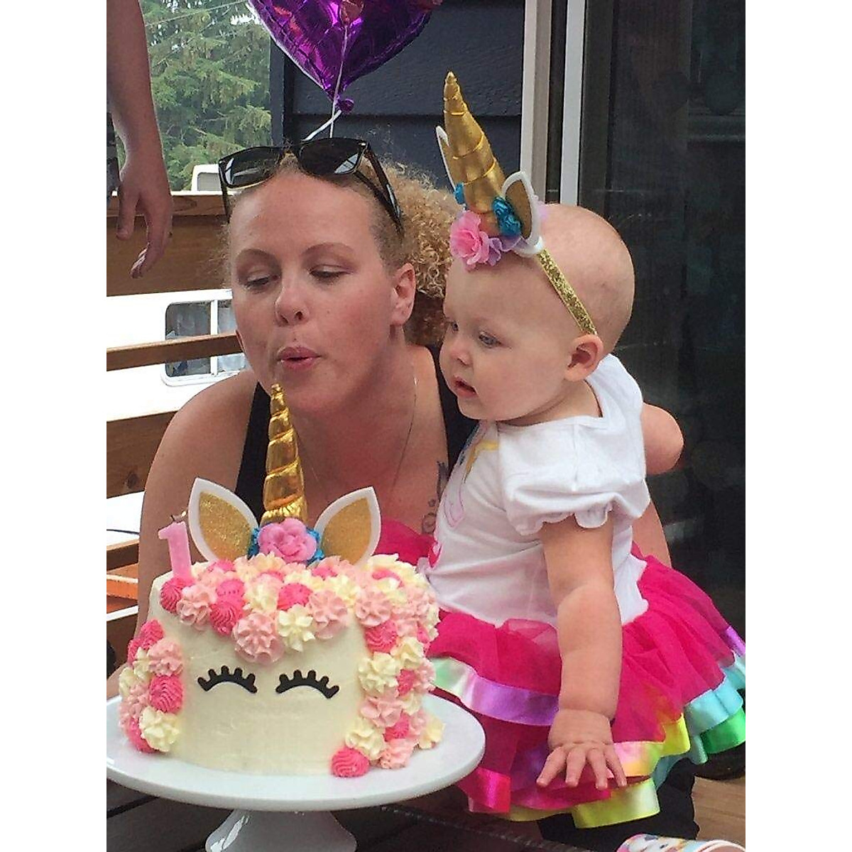 Unicorn Cake Topper with Eyelashes/Gold Unicorn Horn, Ears and Flowers for Birthday Wedding Baby Shower Party Cake Decoration