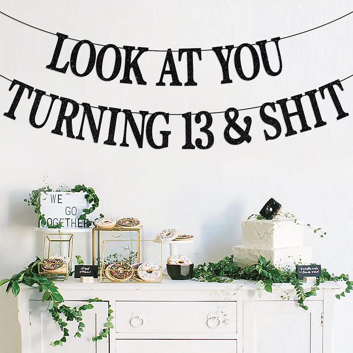 Happy 13th Birthday Banner, Official Teenager 13, Level 13, Teen Boys Girls Funny 13th Birthday Party Decorations Backdrop Gifts, Black Glitter