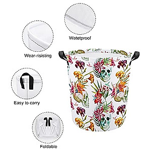 Skull with Flowers Oxford Cloth Laundry Basket with Handles Storage Basket for Toy Organizer Kids Room Nursery Hamper Bathroom