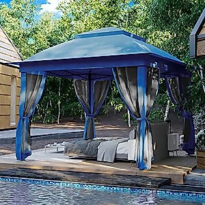 Joyside 11'x11' Pop Up Gazebo for Patios Gazebo Canopy Tent with Sidewalls Outdoor Gazebo with Mosquito Netting Pop Up Canopy Shelter Wedding Tent (Dark Blue)