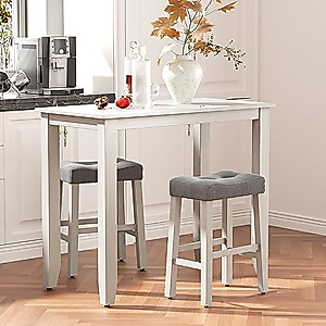 Nathaniel Home 3 Piece Counter Height Table Chairs Set, Kitchen Dining Room Sets Furniture One Bench and Two Saddle Stools with Upholstery pad, Antique White