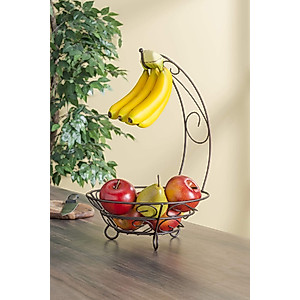Home Basics Scroll Collection Steel Fruit Basket with Hanging Banana Tree, Perfect for Kitchen Countertop & Dining Room Table, Bronze