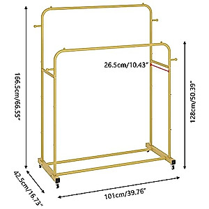 Laiensia Double Rods Garment Rack with Wheels, Clothing Rack for Hanging Clothes,4 Hooks, Multi-Functional Bedroom Clothes Rack, Gold