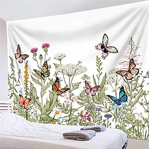 HVEST Leaf Butterfly Tapestry Wall Hanging, Sage Green Leaves and Flowers with Butterflies Wall Hanging Tapestry Spring Plant Tapestry for Bedroom Living Room Wall Decor, 60x40 Inches
