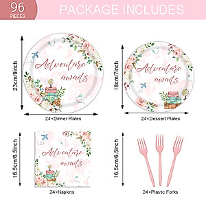 96 Pcs Adventure Awaits Baby Shower Tableware Set World Map Flower Travel and Adventure Begins Dinnerware for Girl Women Bridal Shower Party Decorations Plates Napkins Favors Serves 24 Guests