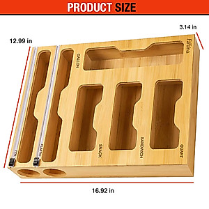 Kitchen Bag Storage Organizer 6 in1 Bamboo Foil and Plastic Wrap Dispenser with Cutter for Kitchen Drawer Suitable for Gallon Quart Sandwich Snack Bag