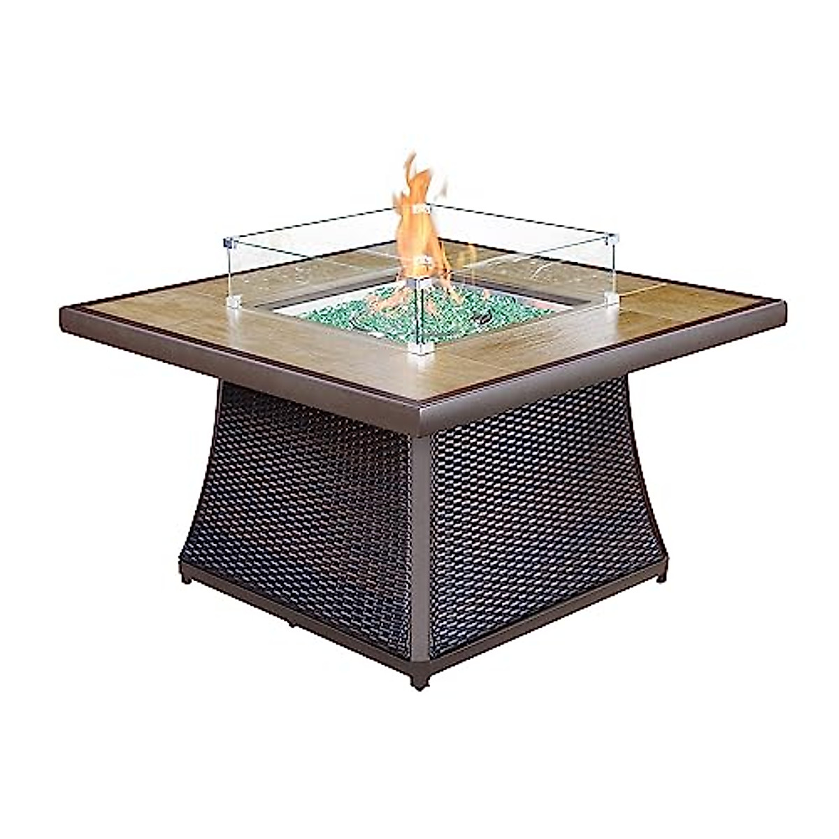 Kinger Home Elio Rattan 42-Inch Outdoor Patio Propane Gas Fire Pit Table with Tile Tabletop, CSA Certified 50,000 BTU Firepit, Brown Aluminum Frame