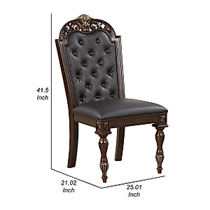 Benjara Mitch 21 Inch Tufted Dining Chair, Carved Details, Faux Leather Seat, Brown and Black