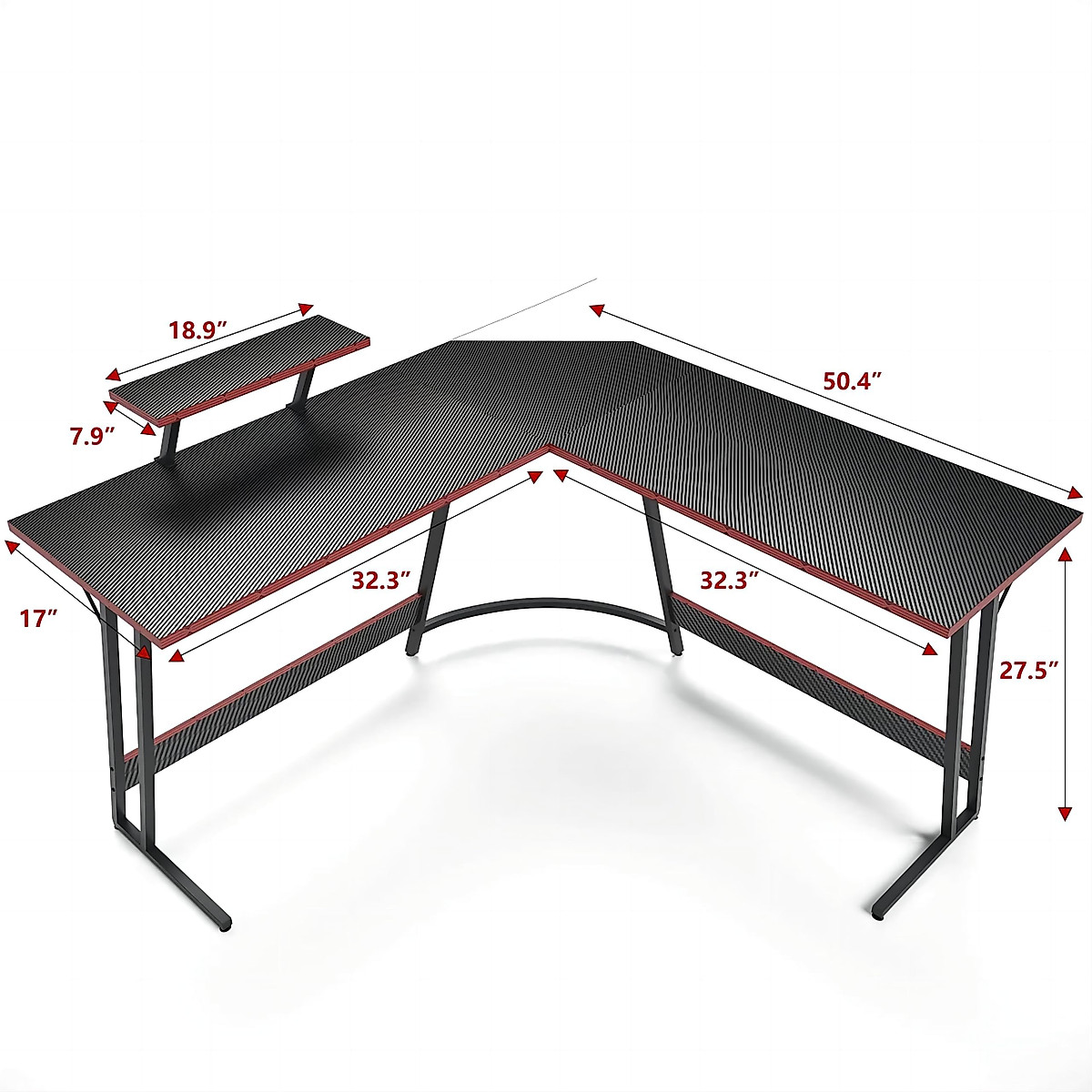 Shahoo L Shaped Gaming Desk, 51 Inch Computer Corner Table with Large Monitor Stand & Carbon Fiber Surface for Home Office Study Writing Workstation, Black