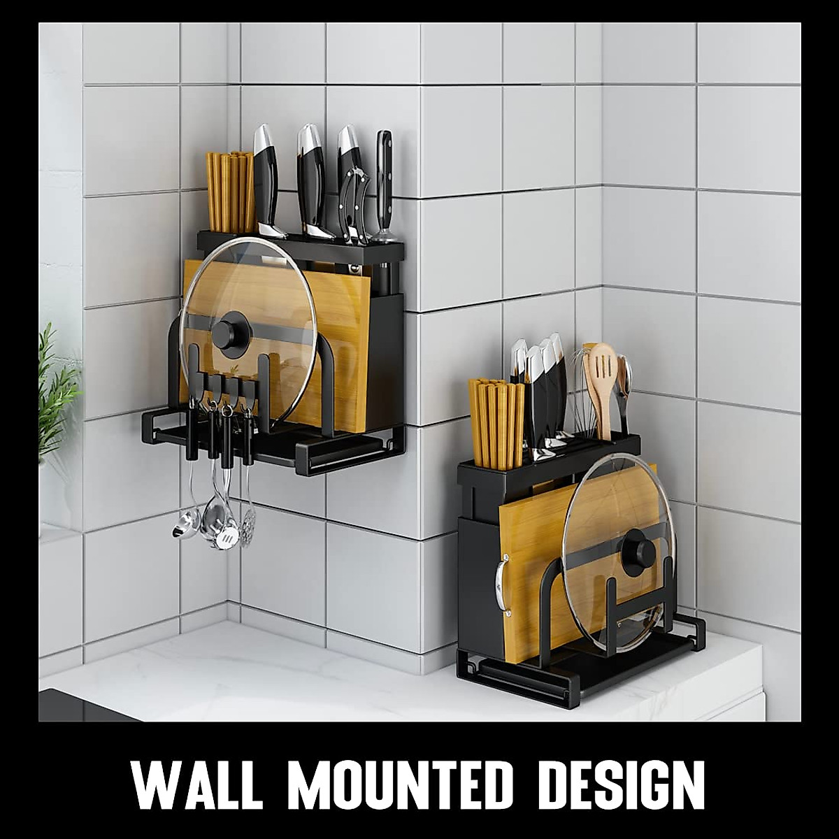 5 in 1 Knife Holder, Toooi Multifunctional Wall Mount Knife Blocks, Cutting Board Pot Lid Holder Countertop Organizer, Kitchen Storage Accessories, Tableware Flatware Caddy Utensil Holder, Pink