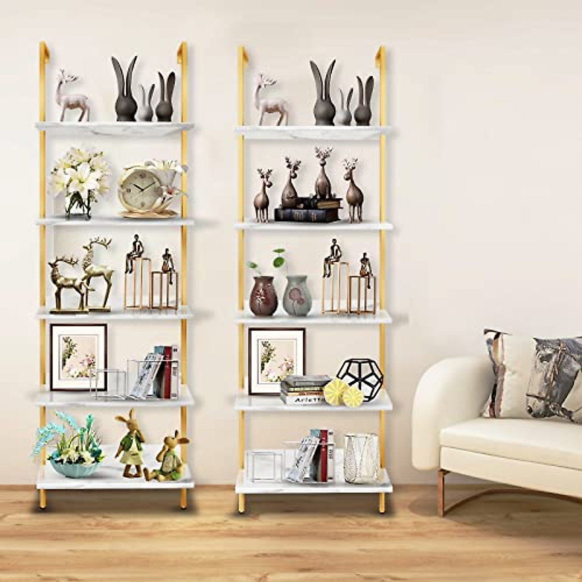 Wolawu 5 Tiers Ladder 2-Piece Shelf White Marble Modern Bookshelf Open Tall Wall Mount Bookcase Standing Leaning Wall Shelves Industrial Decorative