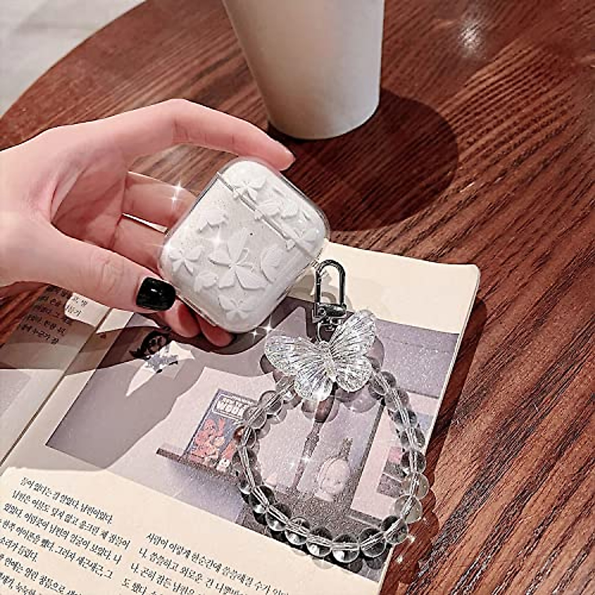 Ownest Compatible for AirPods Case, Cute Butterfly Pattern Clear Soft TPU Shockproof Cover Case Glitter with Keychain for Women Girls for AirPods 2&1-White