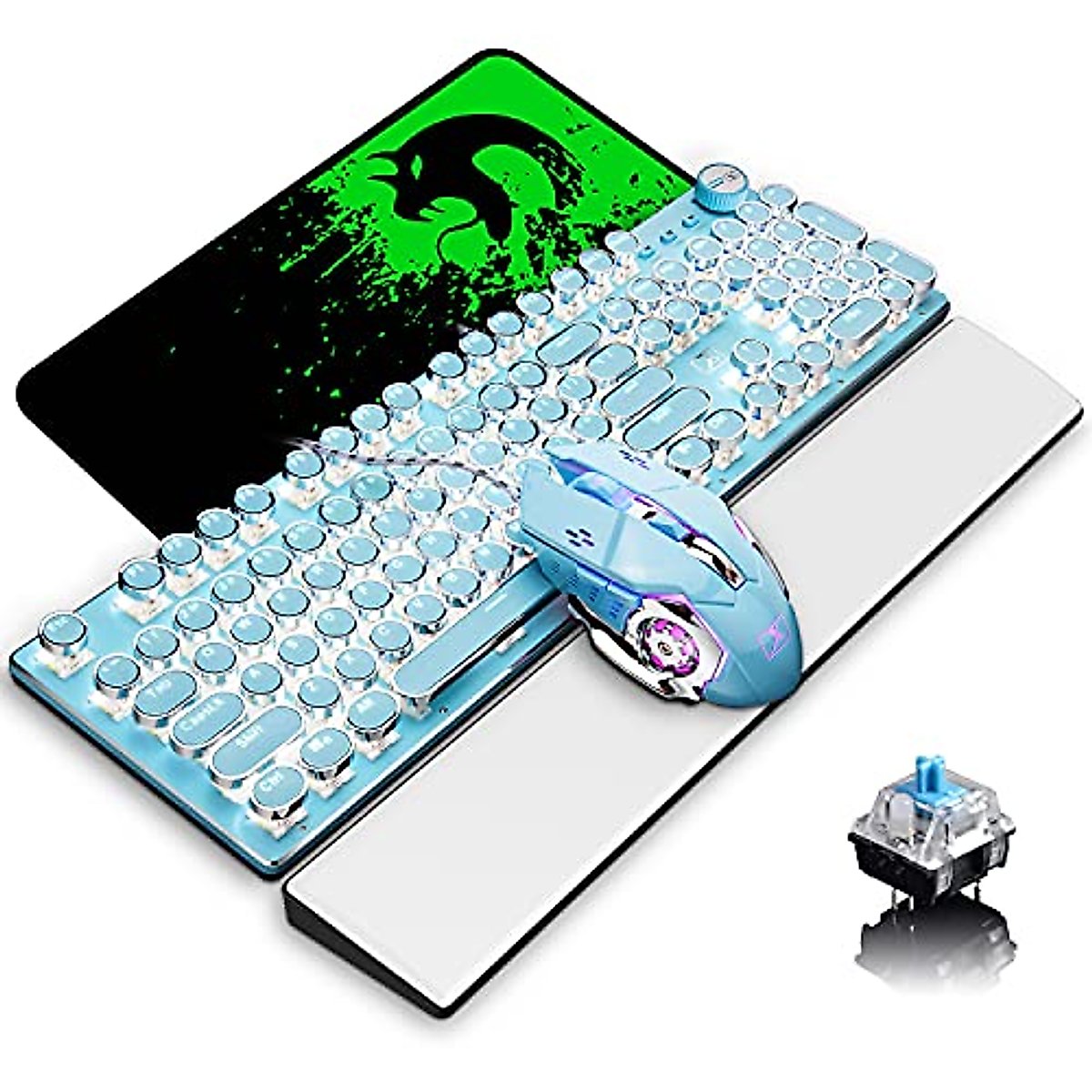 Wired Mechanical Gaming Keyboard and Mouse with Keyboard Wrist Rest,Retro Steampunk Typewriter Backlit Keyboard Blue Switch,Memory Foam Wrist Rest Pain Relief Gaming Mouse for Gamer,Typist(Blue)