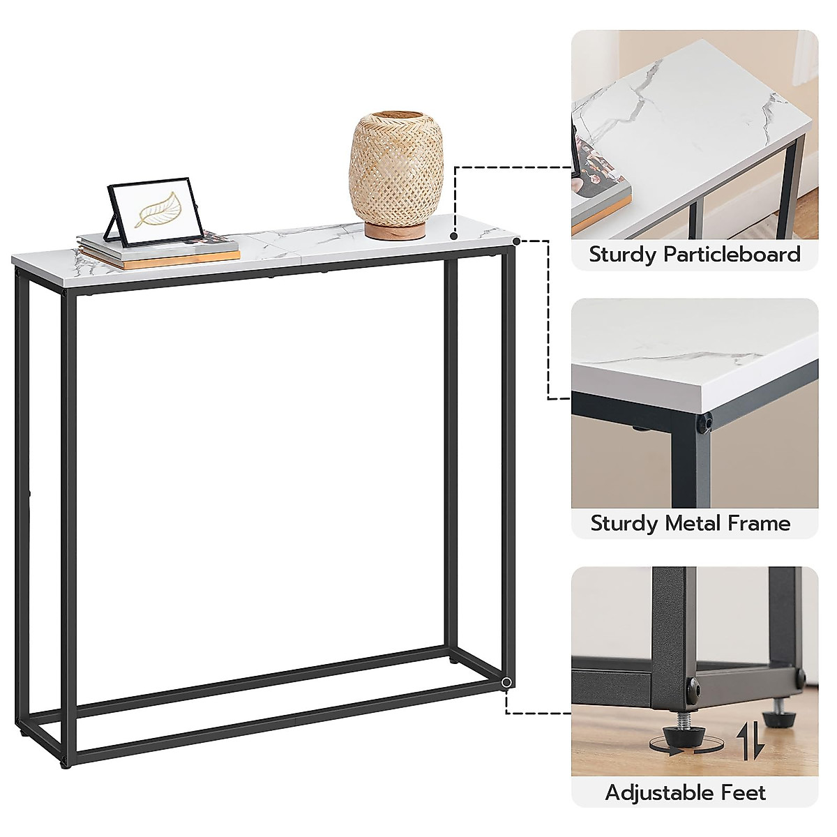 HOOBRO 29.5-Inch Narrow Console Table, Small Sofa Table, Entryway Slim Side Display for Hallway, Bedroom, Living Room, Foyer, Marble and Black BM76XG01