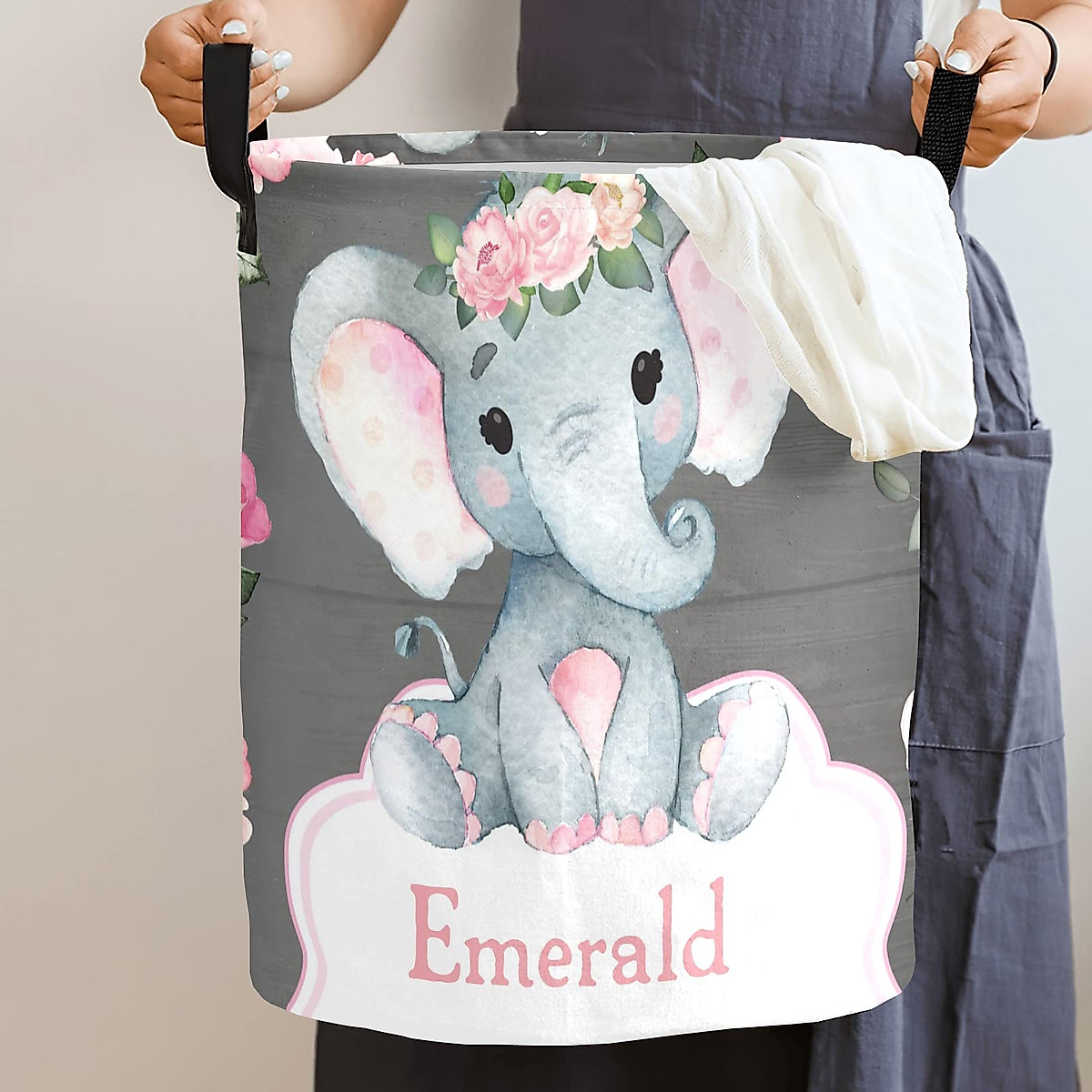Custom Watercolor Pink Flower Elephant Storage Basket with Handles Personalized Name Waterproof Collapsible Laundry Baskets for Clothes