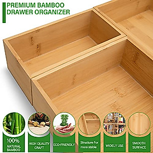 KOOHOAMZ 8 Pcs Bamboo drawer Organizer Storage Box, Bin Set - Multi-Use bamboo Drawer Organizer Storage boxes for Kitchen Utensils, Bathroom, Office Desk, Makeup(8 Boxes)